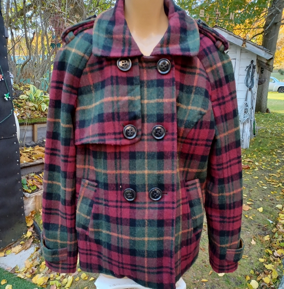 Plaid Wool Blend Pea Coat - Gem